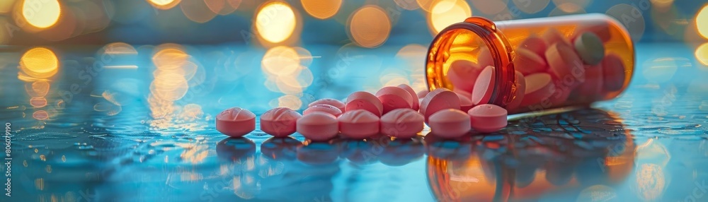 Closeup photo of prescription opioid pills and their bottle arranged on ...