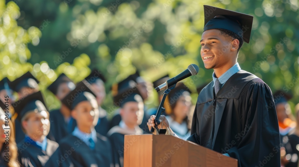 Valedictorian young student man giving graduation speech to other ...
