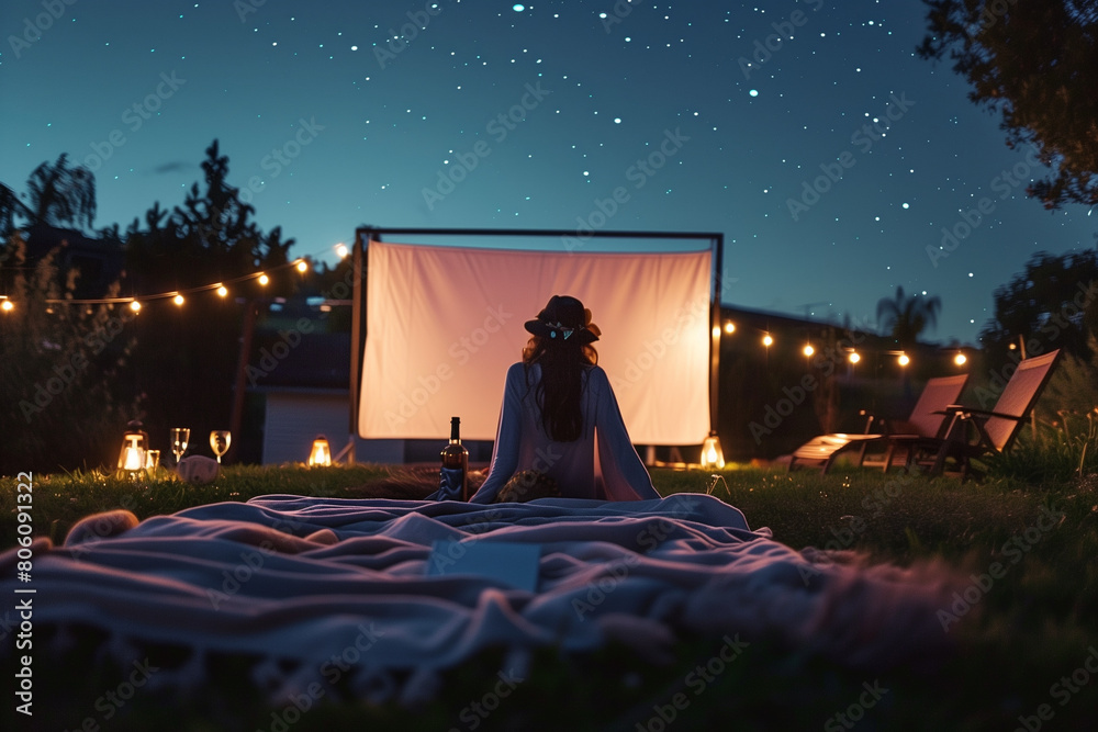 Scere photo of Outdoor Movie Night Concept. Cozy setup for open air ...