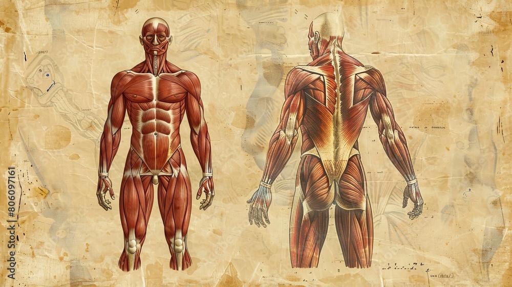 Vintage medical illustration of the muscular system, with detailed ...