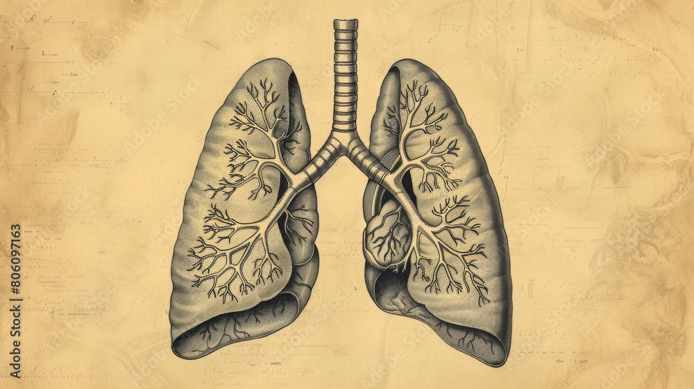 Vintage medical illustration of lungs, detailed and classic, with aged ...