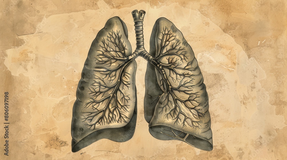 Vintage medical illustration of lungs, detailed and classic, with aged ...