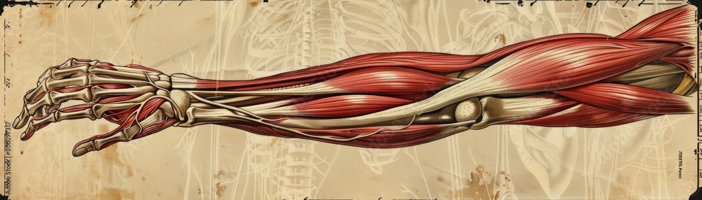Vintage anatomical poster of tendons and muscles, detailed illustration ...