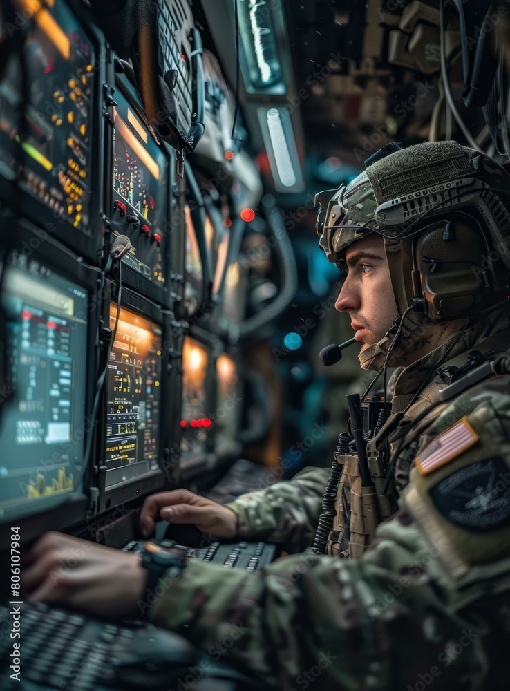 Soldier operates advanced military technology in a command center Stock ...