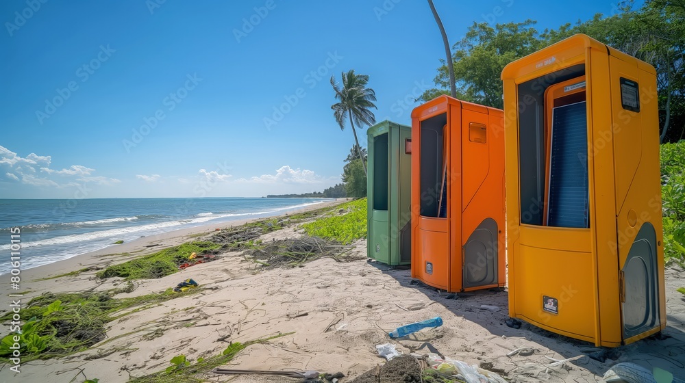 Eco-friendly, solar-powered waste compactors on a beach, designed to ...
