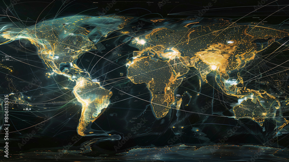 A world map interconnected with lines representing global trade ...
