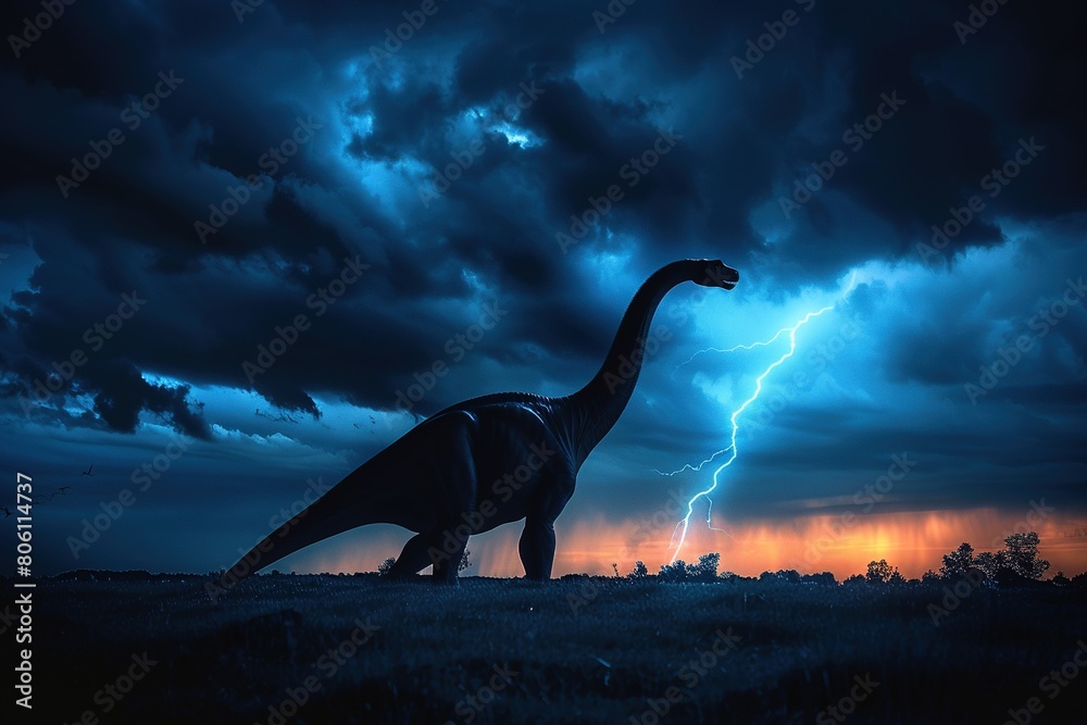 A side profile of a Brachiosaurus, its silhouette outlined against a ...