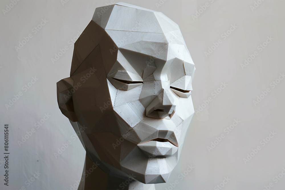 Abstract low poly head sculpture with sharp geometric faceted design ...