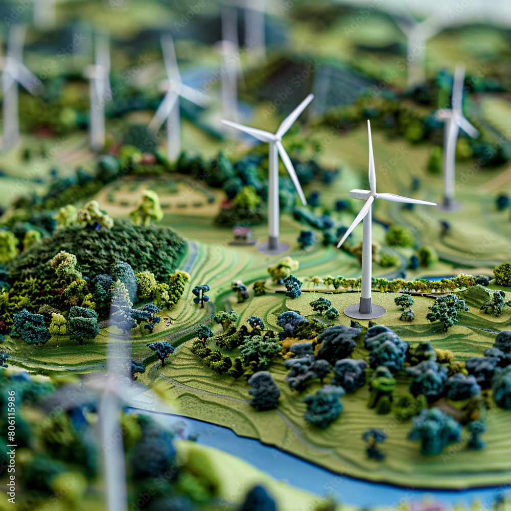 Miniature wind park model. Green landscape with small turbines ...