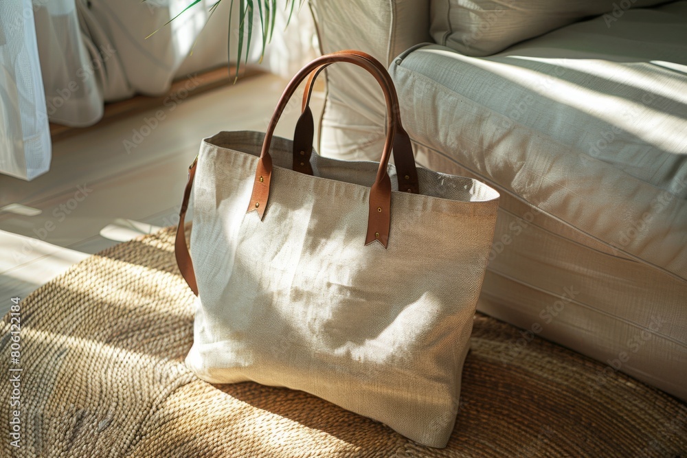 Eco-friendly canvas tote bag on a minimalist white background ...