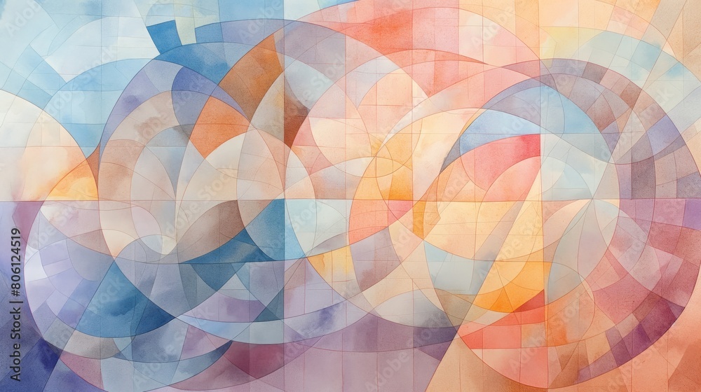 Watercolor abstract painting of intersecting circles and squares. A ...