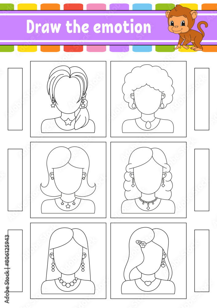 Draw the emotion. Worksheet complete the face. Coloring book for kids ...