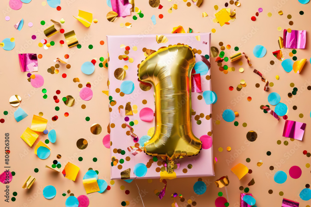 Number 1 happy birthday background. Foil party balloon with confetti ...