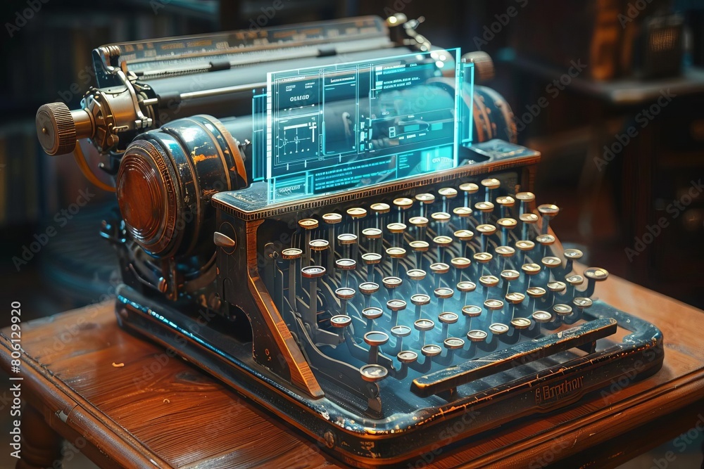 Vintage typewriter with digital screen display, a fusion of old design ...