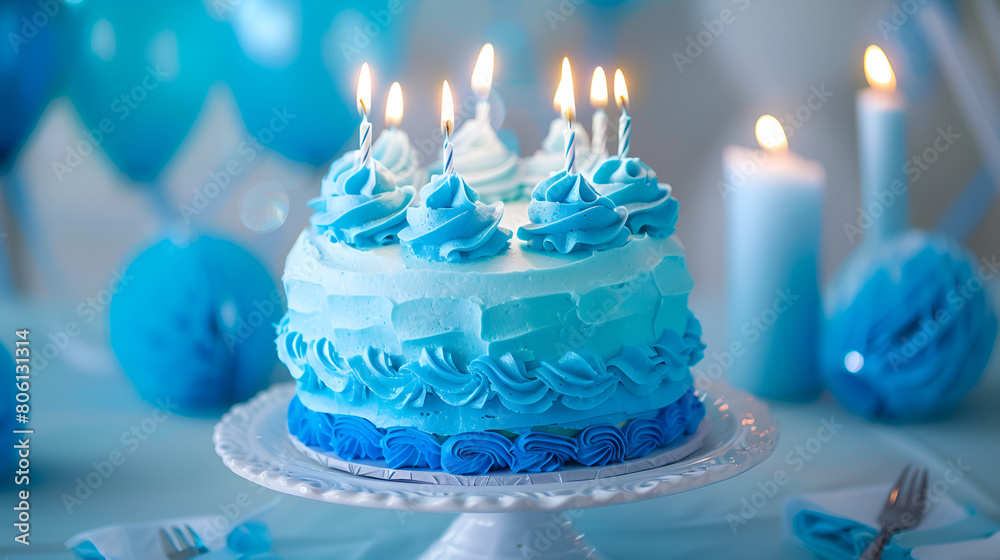 Blue Birthday Cake Plate with fresh delicious birthday cake on table ...