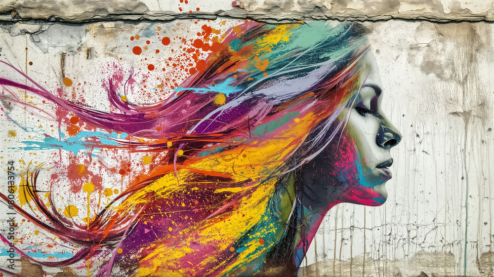 Vivid urban graffiti art depicting a woman's profile, blending with ...