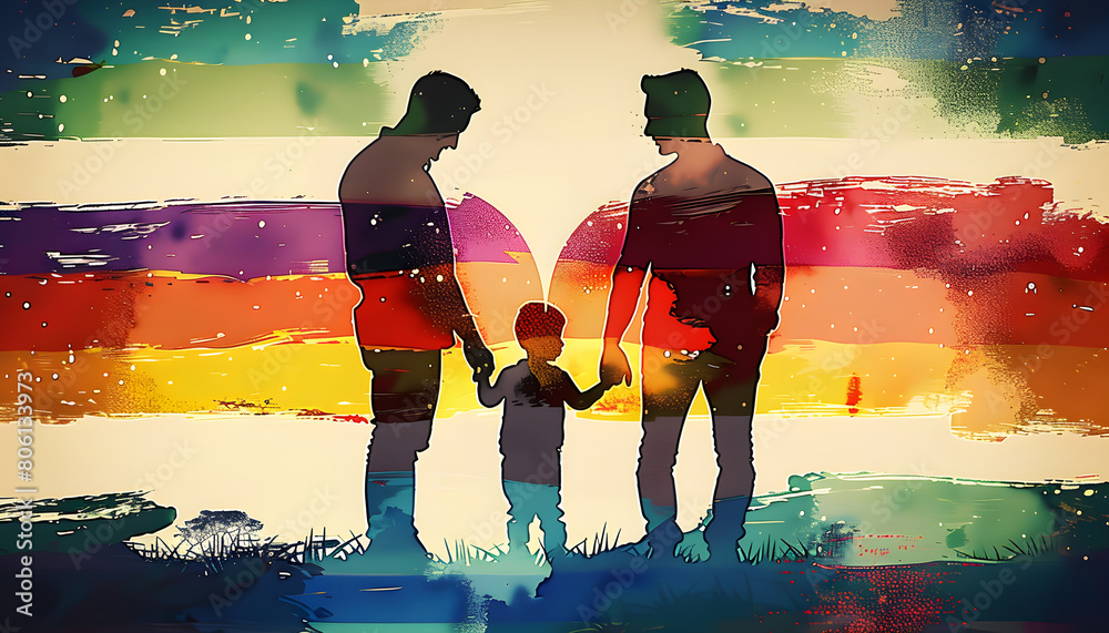 Silhouette of a family with two fathers and their child against an LGBT ...