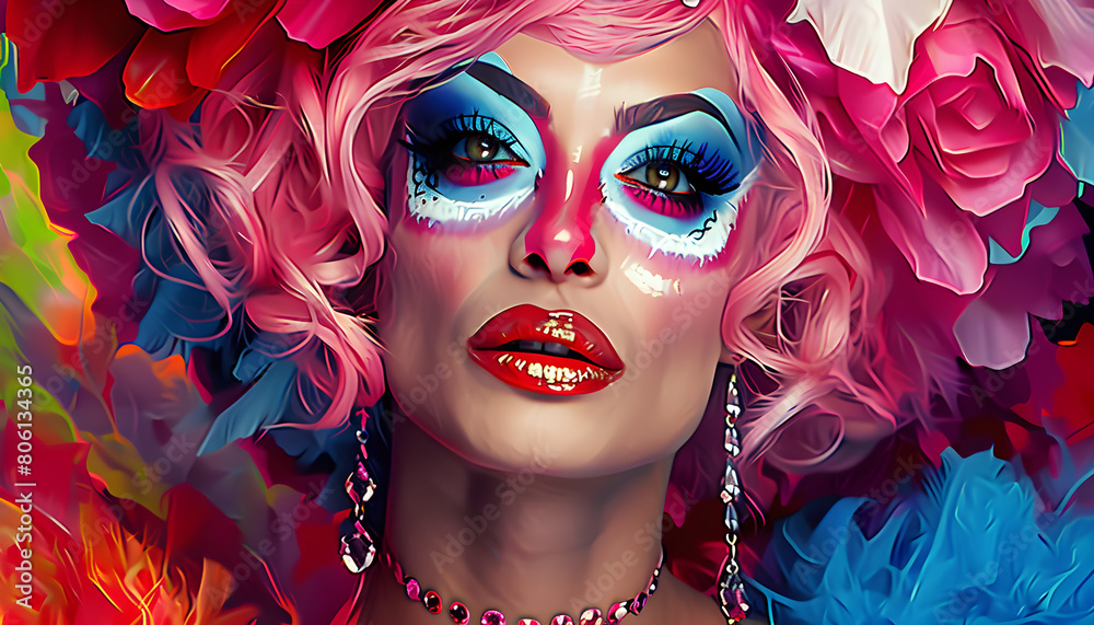 Vibrant portrait of a drag queen with bold makeup and floral attire ...