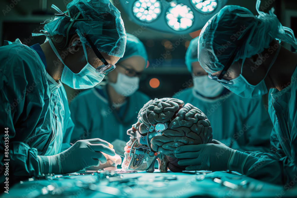 A team of scientists meticulously works on integrating an advanced ...