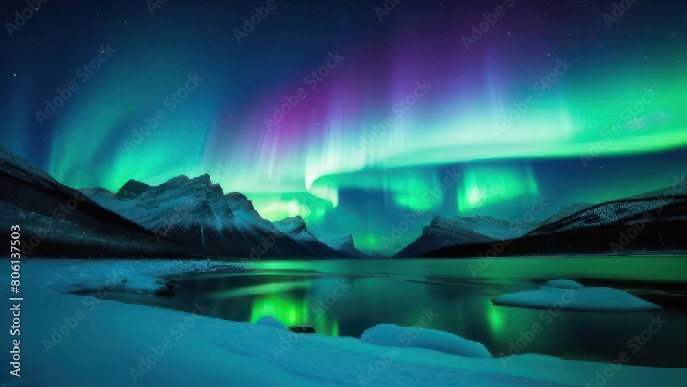 Northern Lights over a mountainous landscape, showcasing vivid green ...