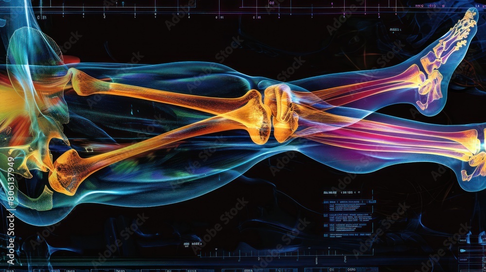 CT scan of a human thigh focusing on muscle and bone interaction. Stock ...