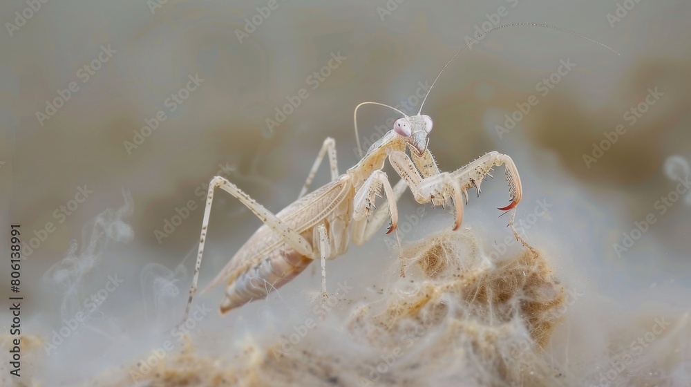 A mantis nymph shedding its old exoskeleton as it grows, revealing the ...