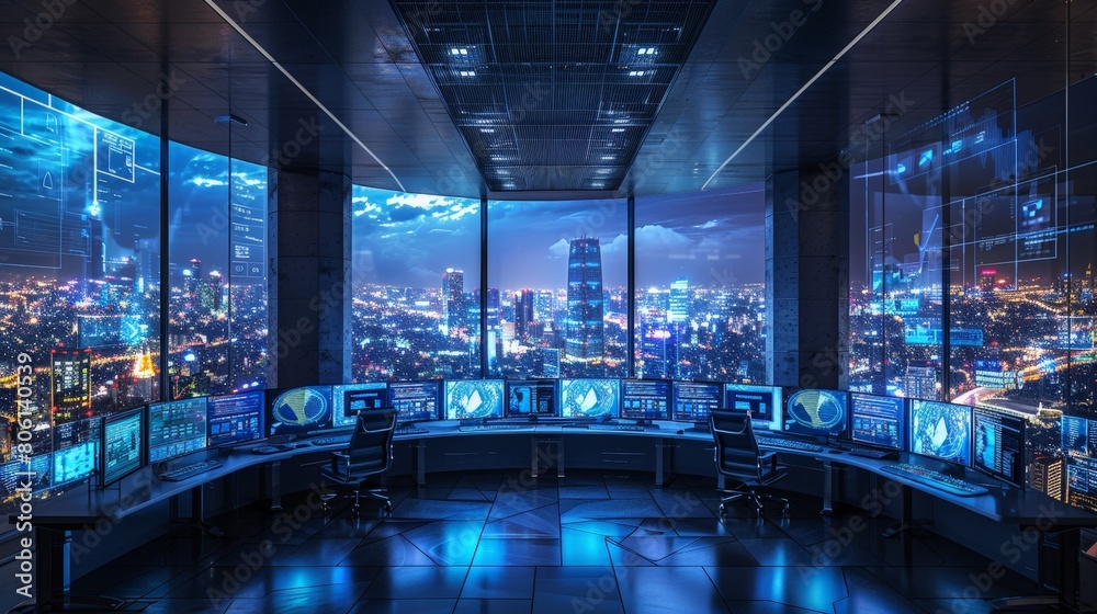 Smart city control room, panoramic windows, operators monitoring urban ...