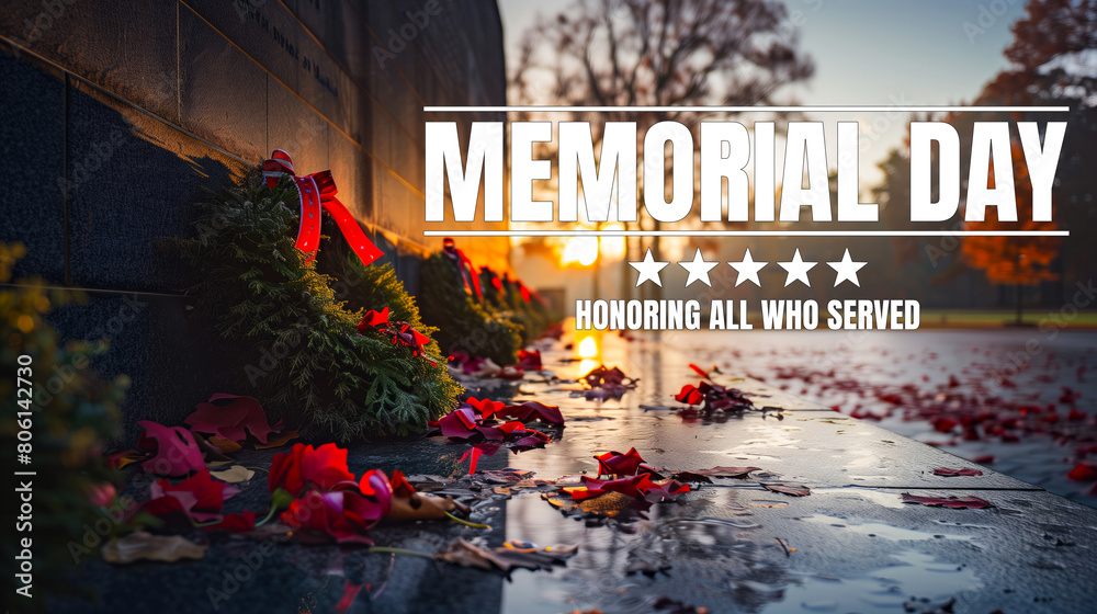 Patriotic memorial day scene with flowers and flag at sunset, honoring ...