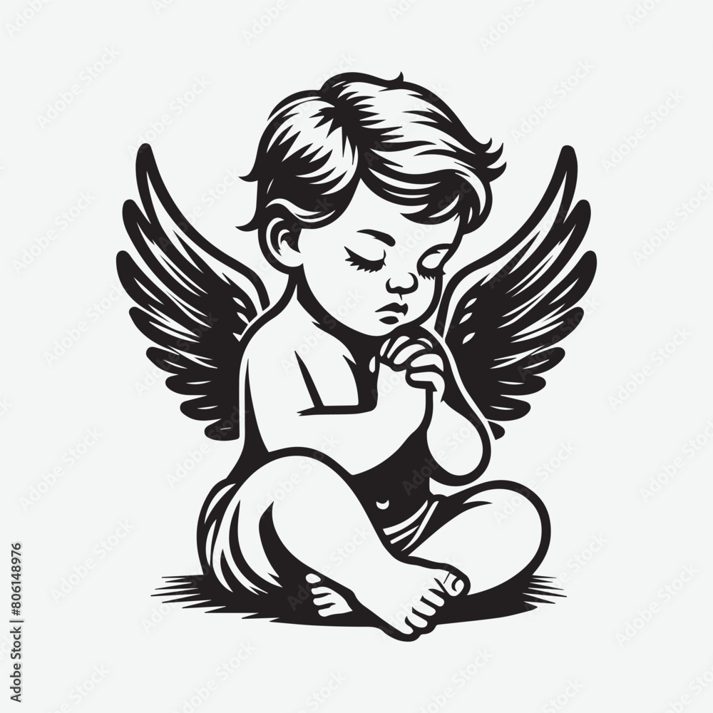 Baby angel praying Vector Illustration silhouette. angel or cupid ...