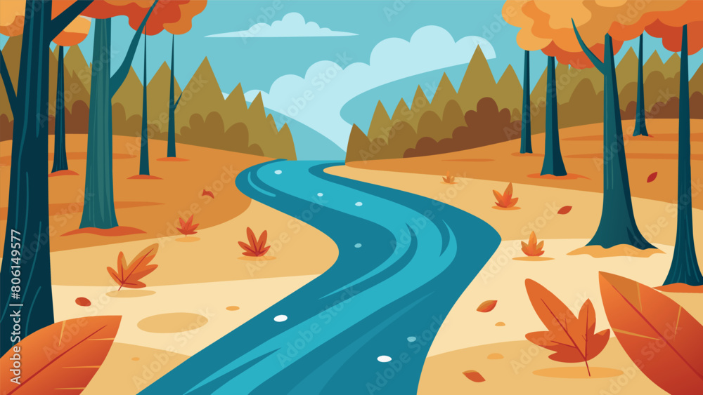 A river flowing through a forest with fallen leaves floating on its ...