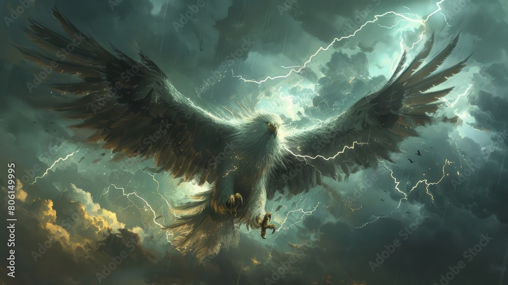A large eagle is flying through a stormy sky with lightning bolts ...