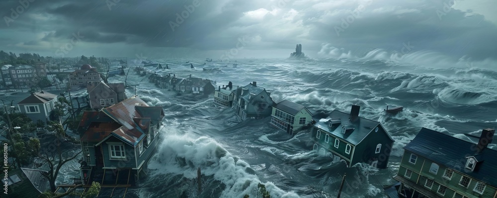 An unsettling depiction of a heavy storm flooding a coastal town ...
