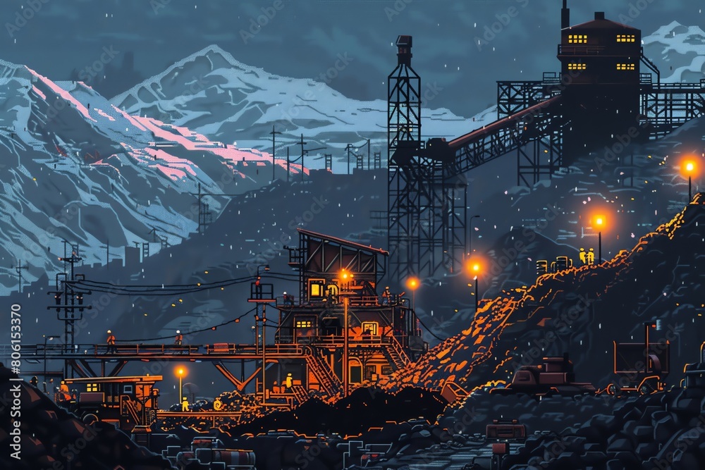 visually striking side view coal mining scene in a pixel art style ...