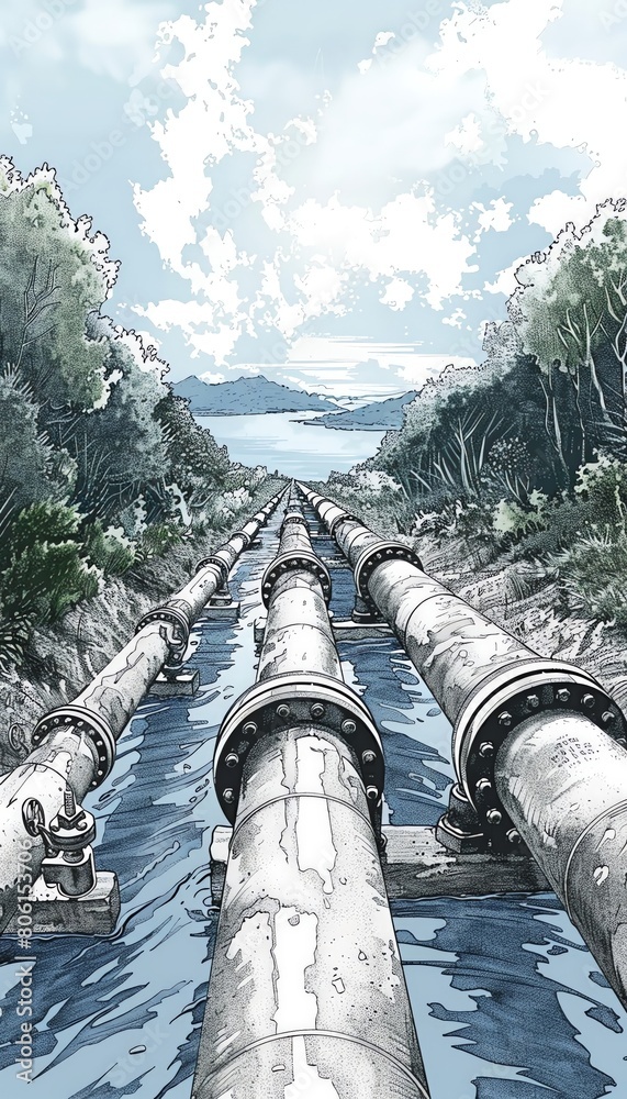 network of natural gas pipelines in a traditional medium like pen and ...