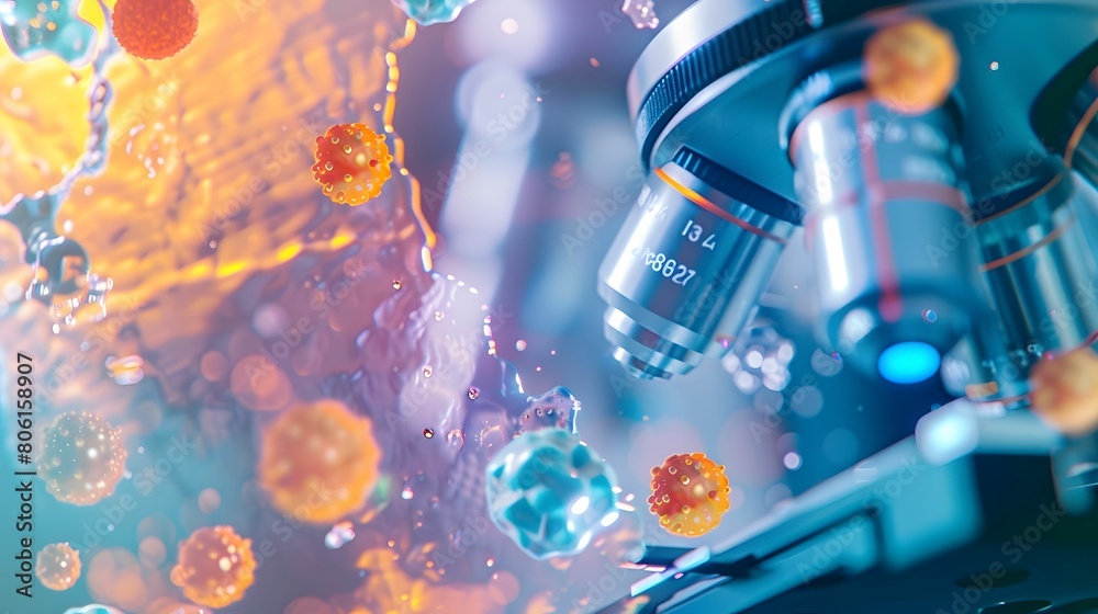 A scientist's view through a microscope. The image shows the objective ...