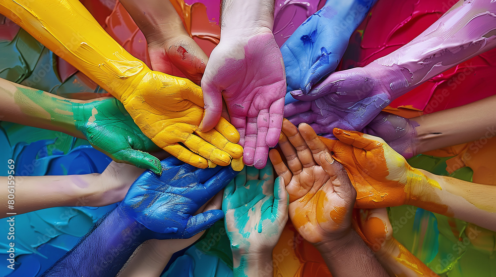 Unity in Diversity: Colorful Hands United. Multiple hands adorned with ...