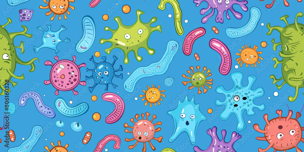 Seamless colorful cartoon of various bacteria and viruses. Illustration ...