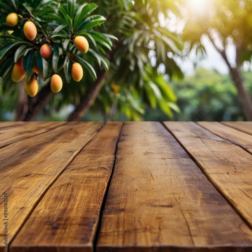Empty wooden table for product display with mango trees blurred ...