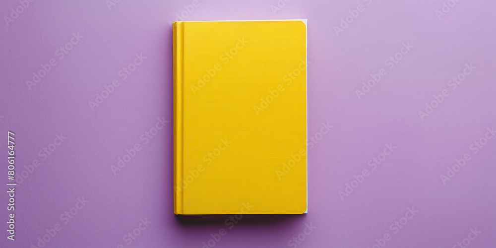 Bright yellow book with blank page on vibrant purple background ...