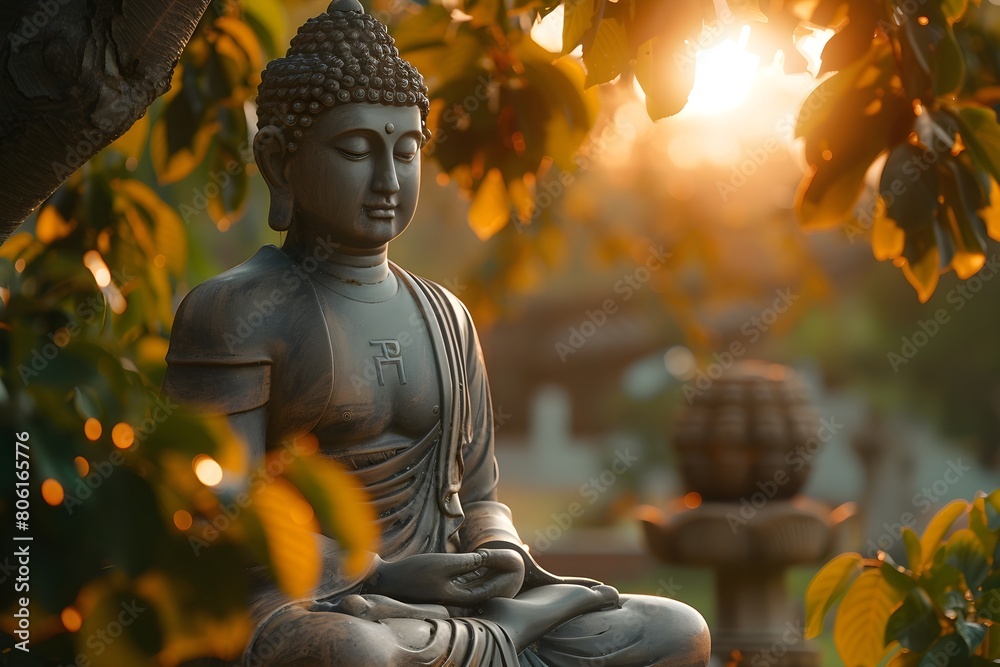 lord buddha meditating under the bodhi tree, with soft sunlight ...