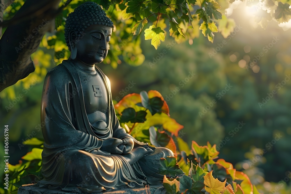 lord buddha meditating under the bodhi tree, with soft sunlight ...