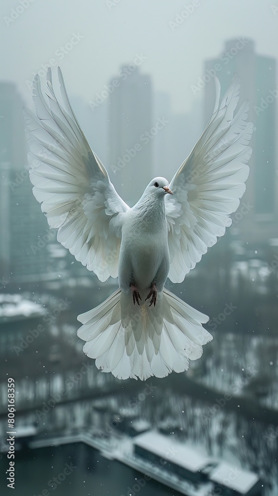 A giant dove overshadowing a nuclear test site, its wings spread ...