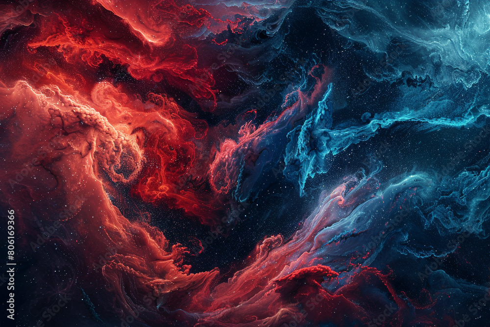 A striking image of scarlet red and midnight blue waves, their fierce ...