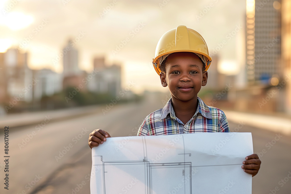 Black boy in helmet holding blueprint Building concepts, development ...