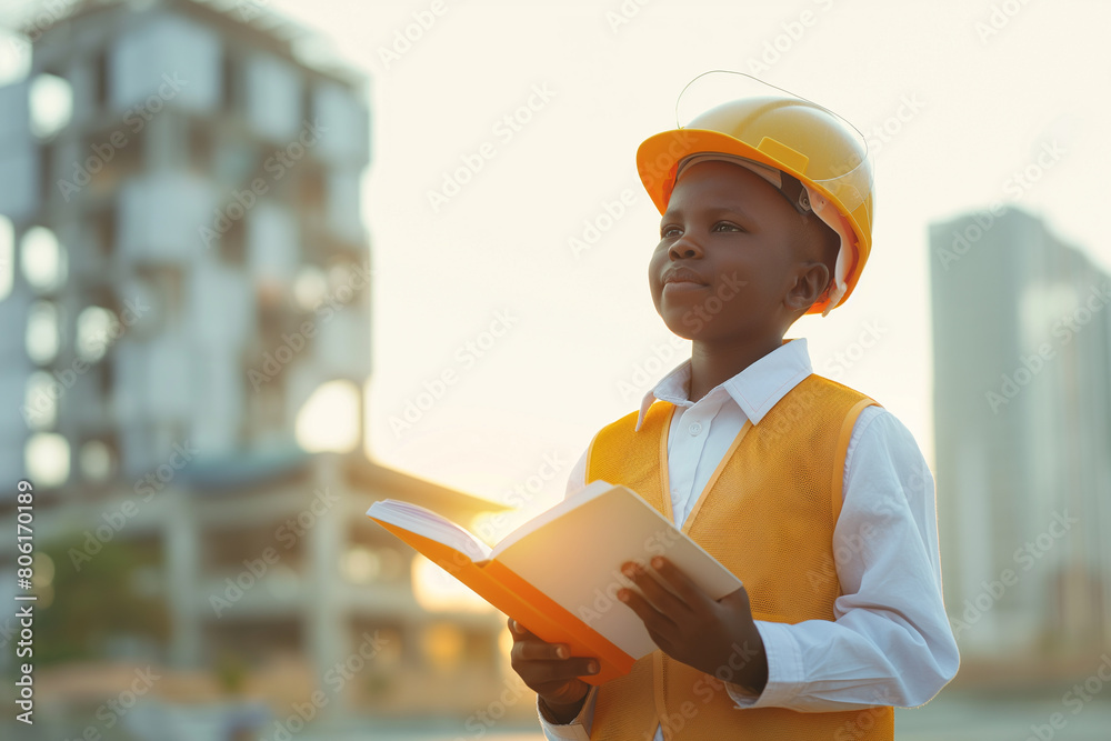Black boy in helmet holding a book Building concepts, development ...