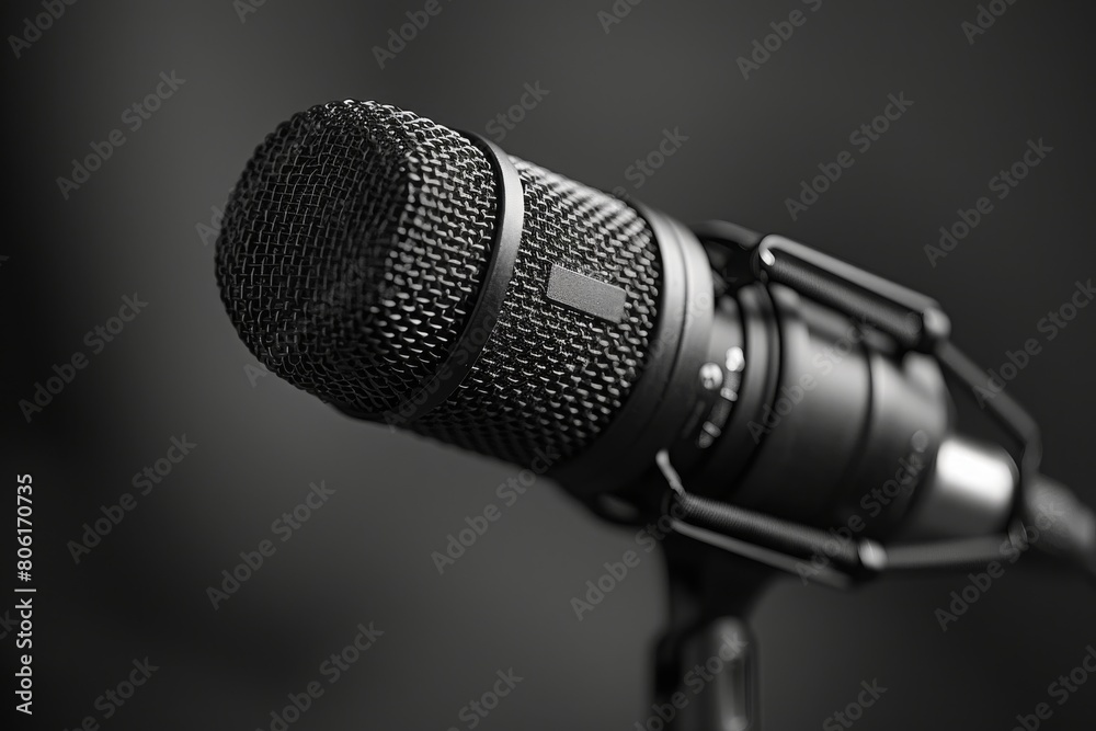 Professional studio microphone with a detailed mesh grille on a dark ...