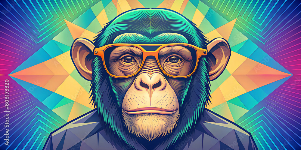 Vivid and colourful graphic portrait of a chimpanzee wearing orange ...