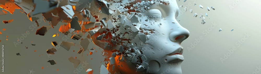 A woman's head is disintegrating into tiny pieces. The pieces are ...