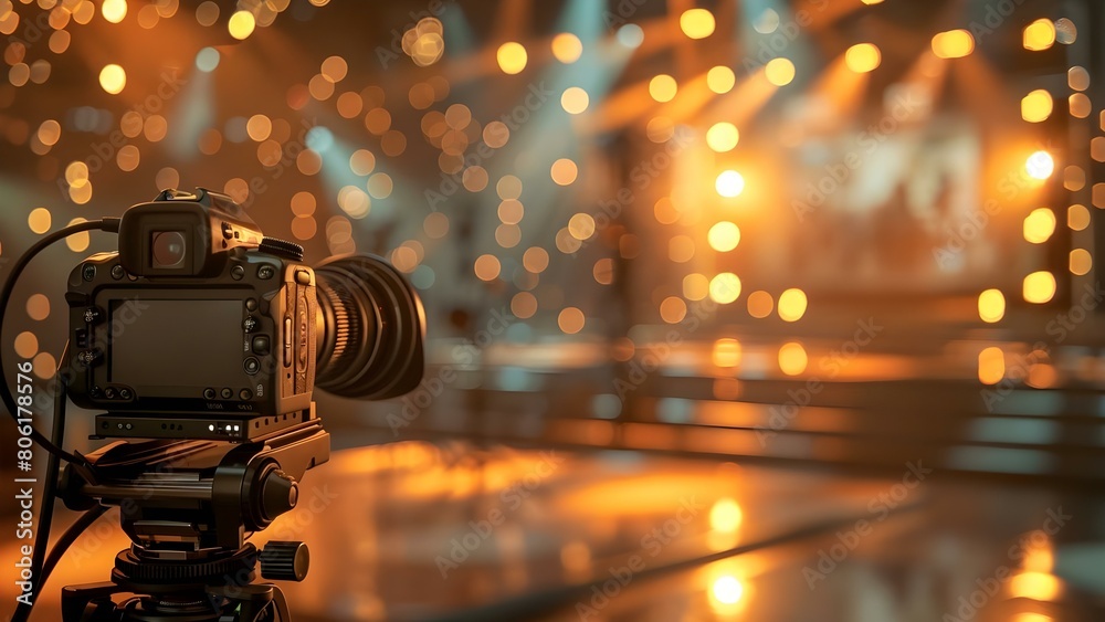 Camera recording interview in TV studio with blurred background ...