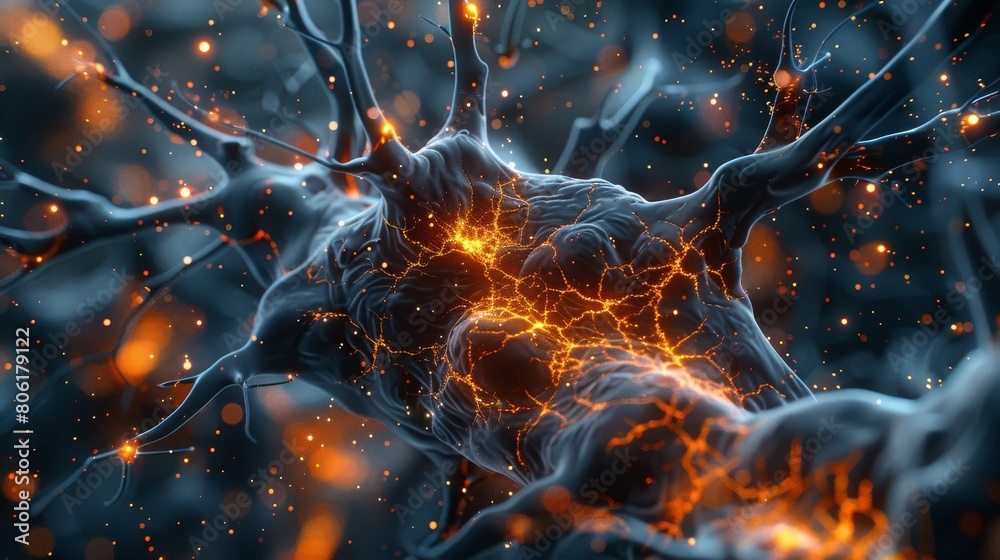 Brain neuron structure, dark blue and orange, extreme detail ...